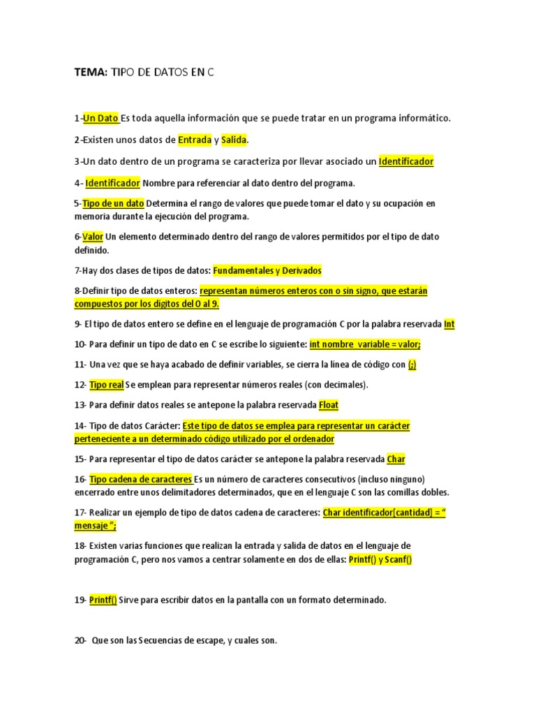 Tipos de Datos en C: Guía Completa | PDF | Tipo de datos | Lenguaje de ...