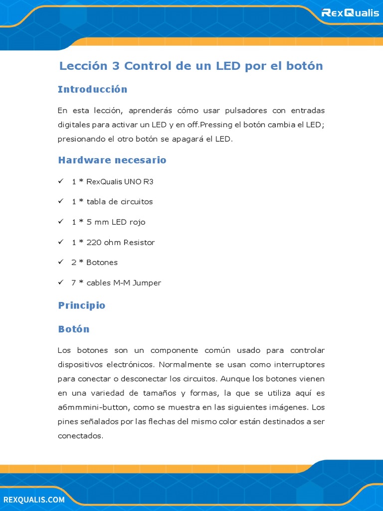 Lección 3 Control de Un LED Por El Botón | PDF | Arduino | Diodo emisor de luz