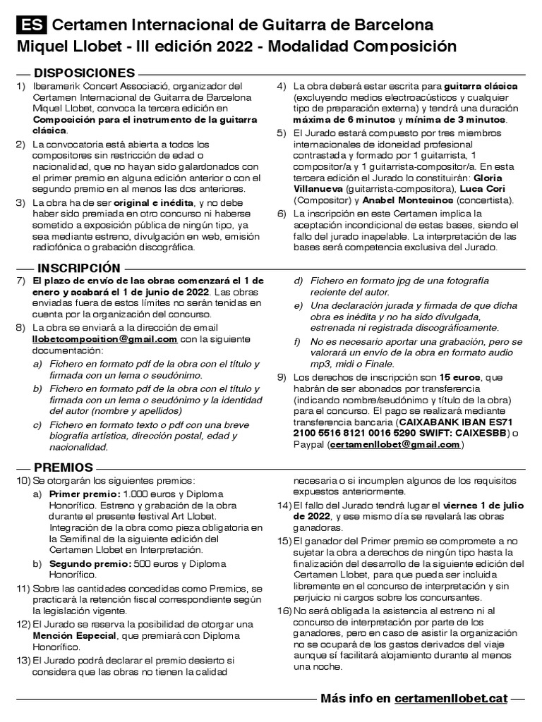 Bases Certamen Llobet 2022 COMPOSICION ES | PDF