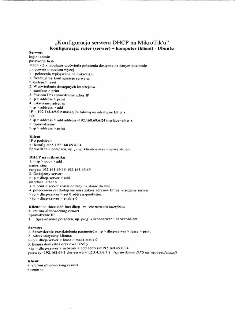 Sieci Lab3 DHCP Mikrotik | PDF