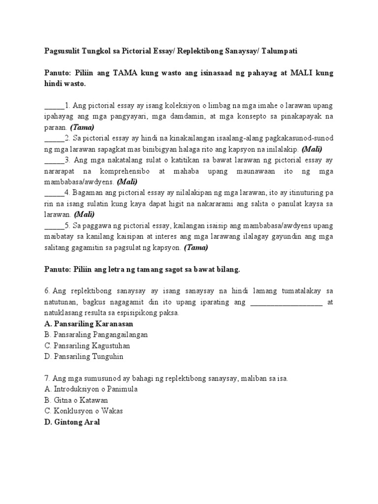 Pagsusulit Sa Pictorial Essay Replektibong Sanaysay Talumpati | PDF