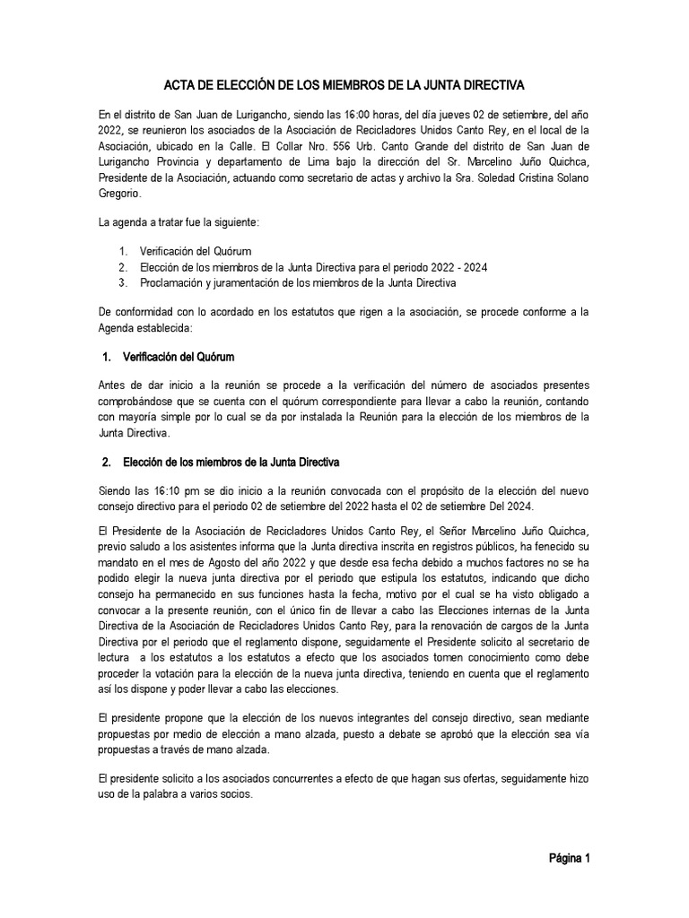 Acta de Elección de La Nueva Junta Directiva | PDF | Gobierno | Eventos políticos