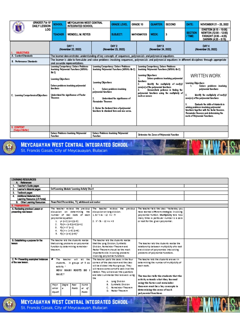 MATH10 QUARTER 2 Week 3 DLL | PDF | Zero Of A Function | Factorization