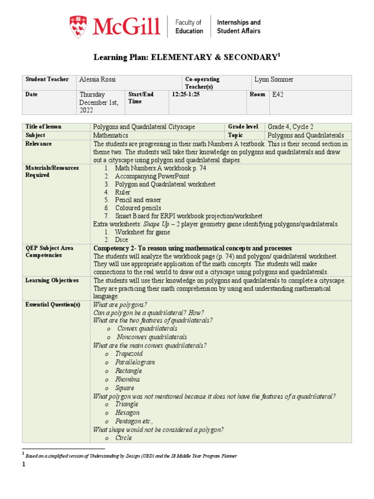 Lesson 4 - Polygons and Quadrilaterals | PDF | Shape | Worksheet