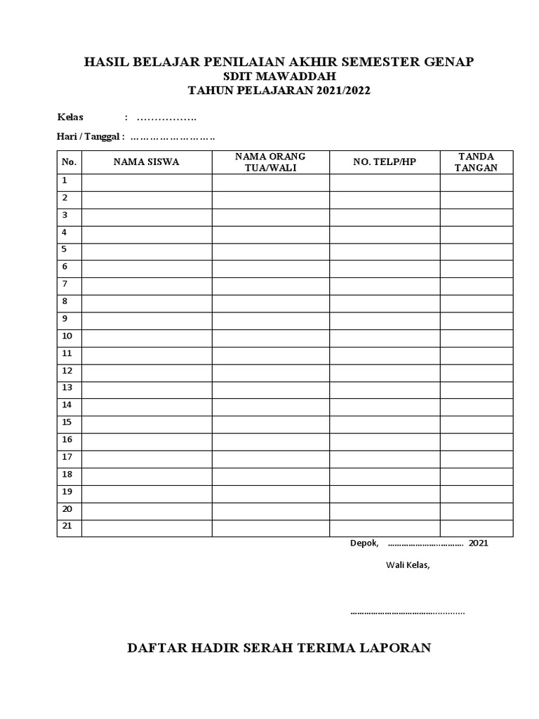 Daftar Hadir Serah Terima Raport | PDF