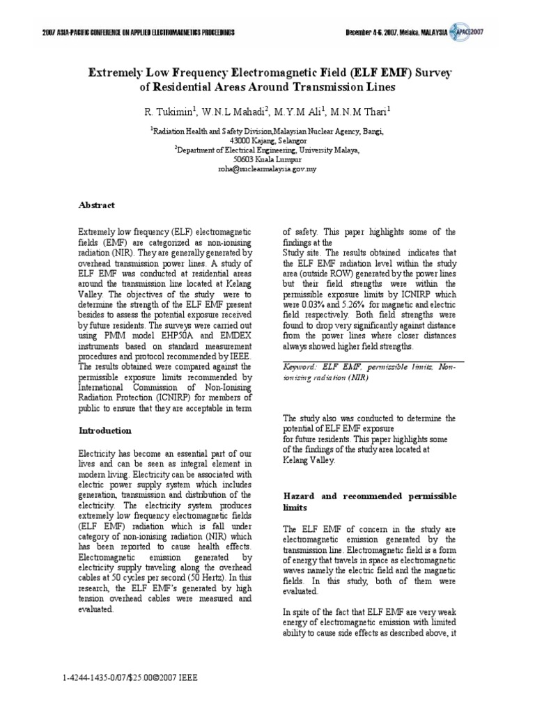 Extremely Low Frequency Electromagnetic Field (ELF EMF) Survey of Residential Areas Around ...