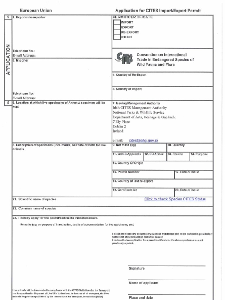 CITES Import & Export Permit Application Form 2013 | PDF