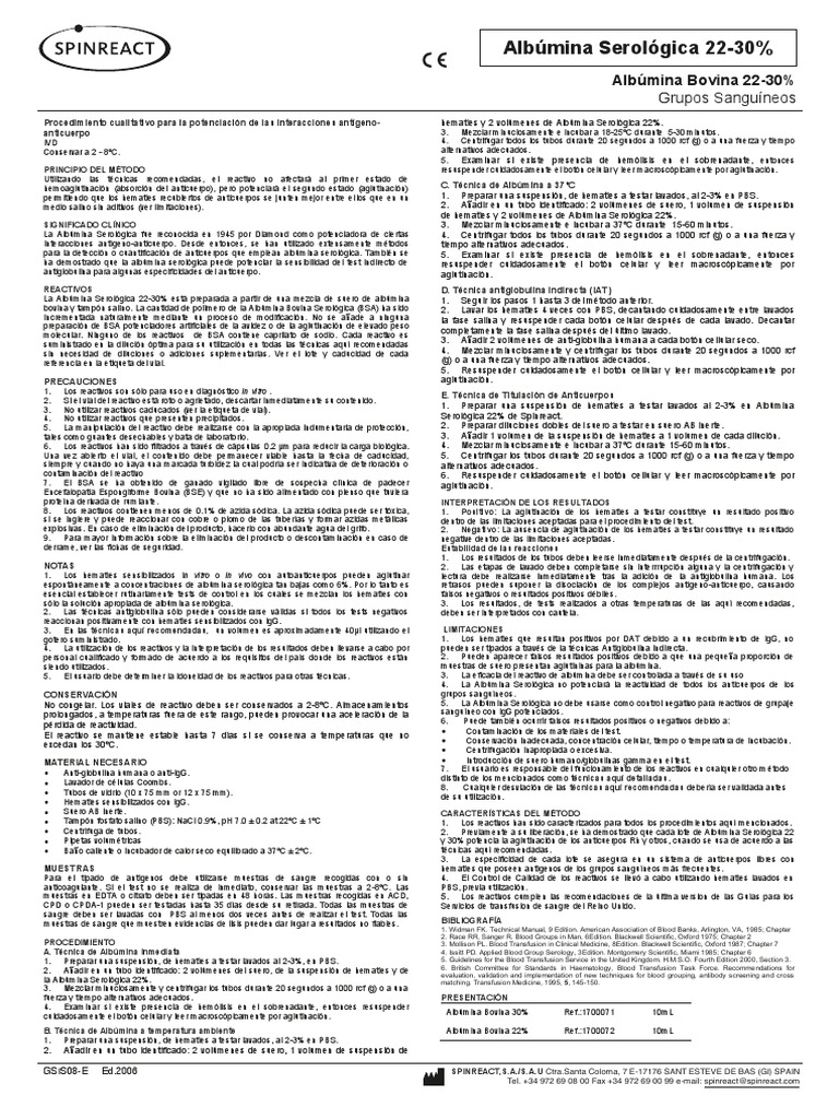 Inserto Spinreact Albumina Bovina 22 30 1700071 1700072 | PDF | Sangre | Anticuerpo
