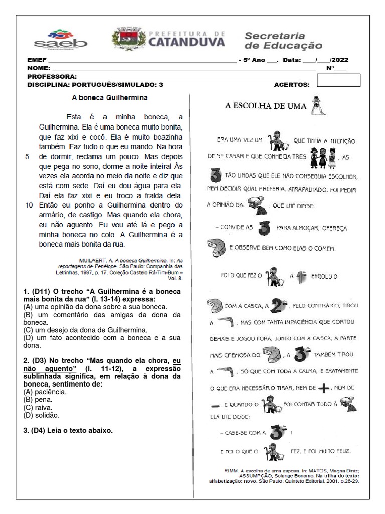 3 - Simulado Lingua Portuguesa - Saeb - Aluno | PDF