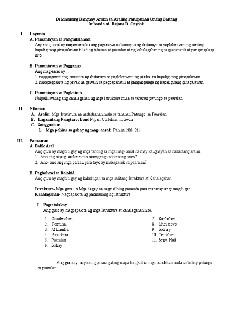 Di Masusing Banghay Aralin Sa Araling Panlipunan Unang Baitang | PDF