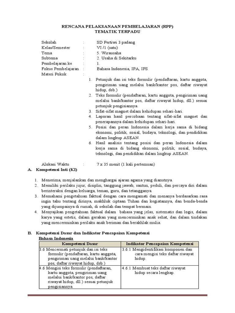 Rencana Pelaksanaan Pembelajaran (RPP) Tematik Terpadu | PDF | Karier ...