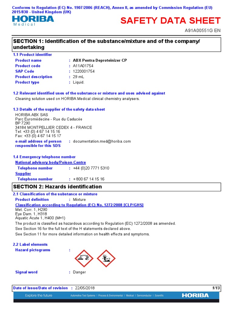 ABX Pentra Deproteinizer Safety Data | PDF | Toxicity | Occupational ...