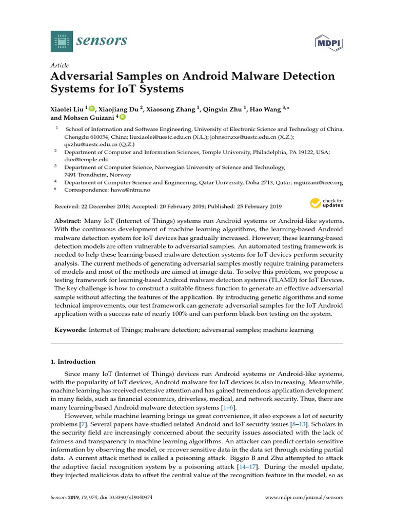 Adversarial Samples On Android Malware Detection Systems For Iot