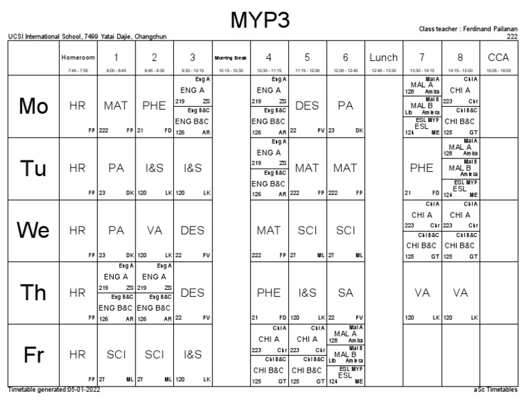 MYP3 Timetable Semester 2 2022 | PDF