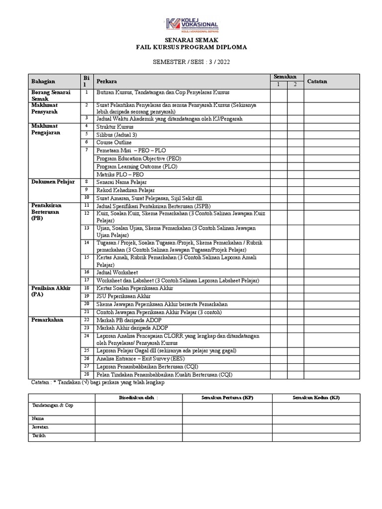 Senarai Semak Fail Kursus | PDF