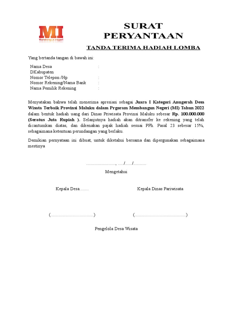 Surat Tanda Terima Hadiah Lomba | PDF
