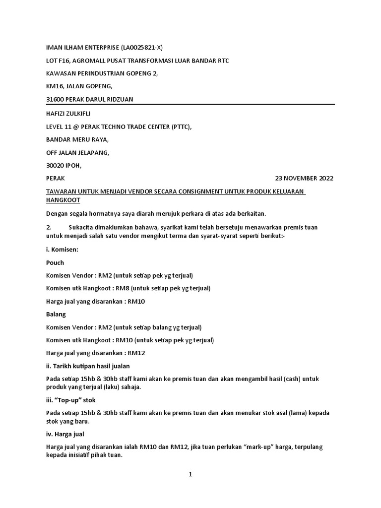 Surat Tawaran Vendor - Bean Here | PDF