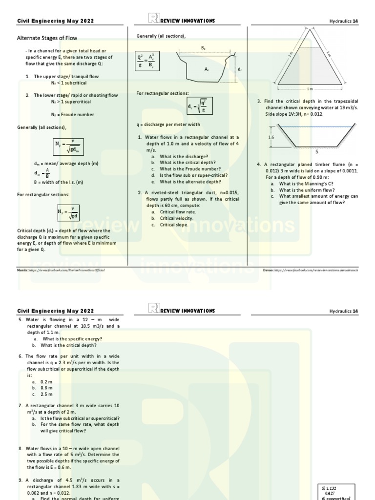 CE Board May 2022 - Hydraulics - Set 14 | PDF | Discharge (Hydrology ...