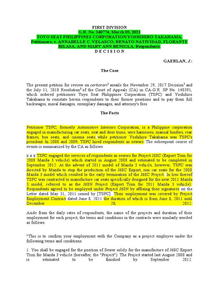 Velasco vs. Toyo Seat: Employment Status Case | PDF | Employment ...