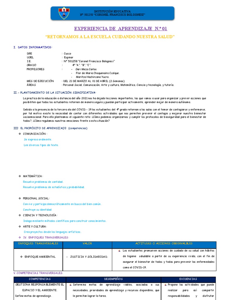 1° Experiencia de Aprendizaje 4° Abc | PDF | Aprendizaje | Evaluación