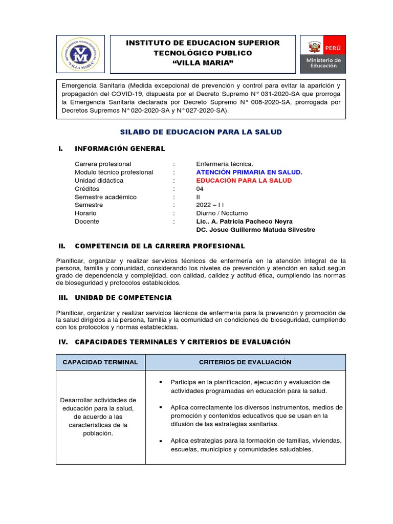 Syllabus Oficial de Educacion para La Salud 2022-II | PDF | Evaluación ...