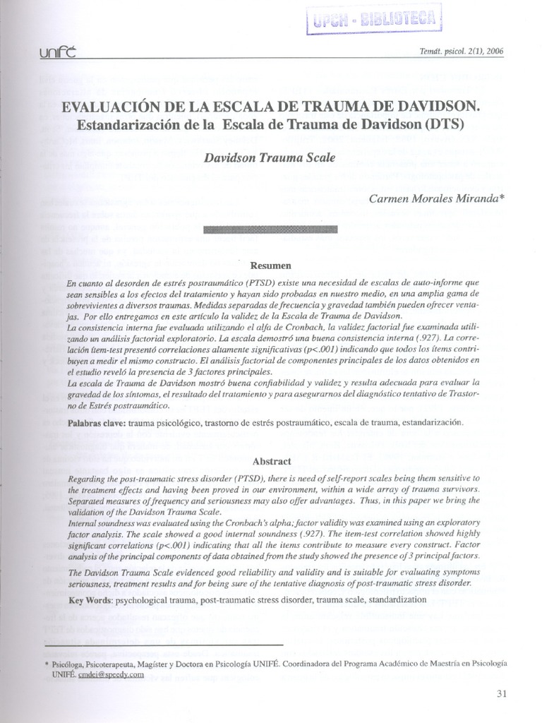 Unlfé: Evaluacion de La Escala de Trauma de Davidson. Estandarización ...