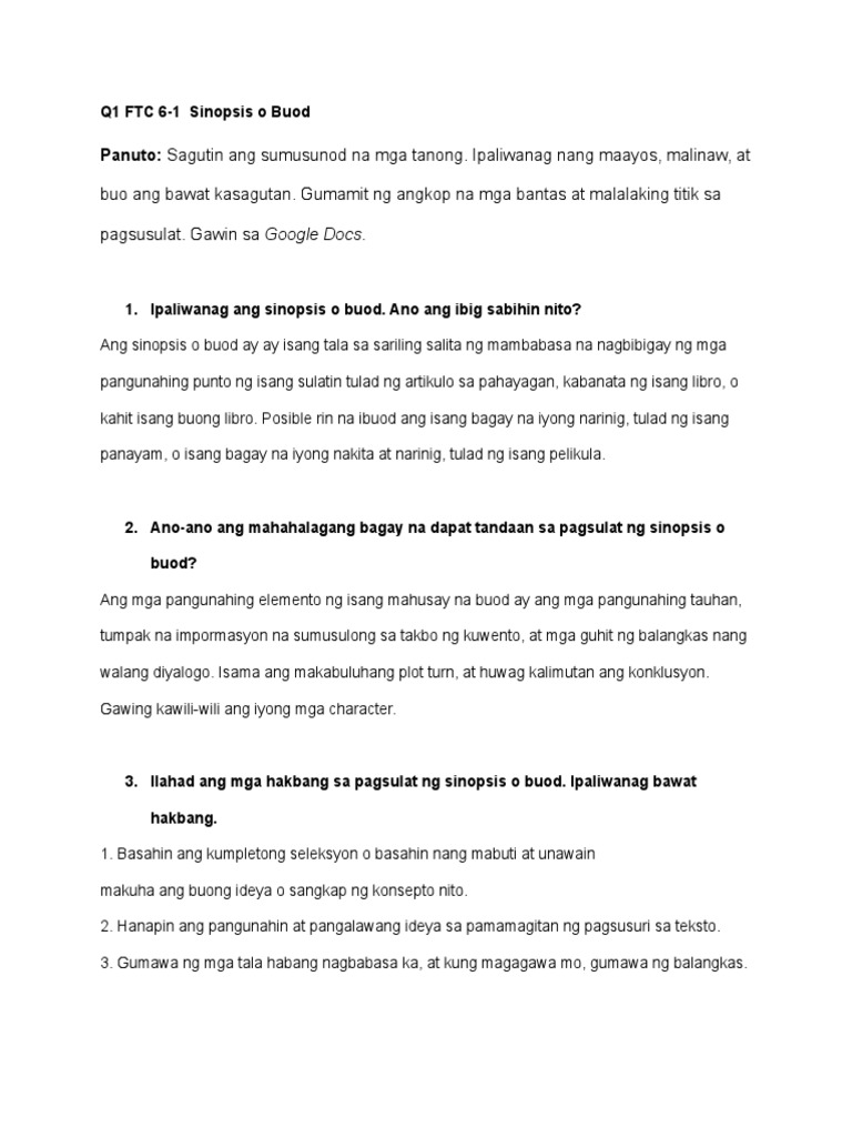 Q1 FTC 6-1 Sinopsis o Buod | PDF