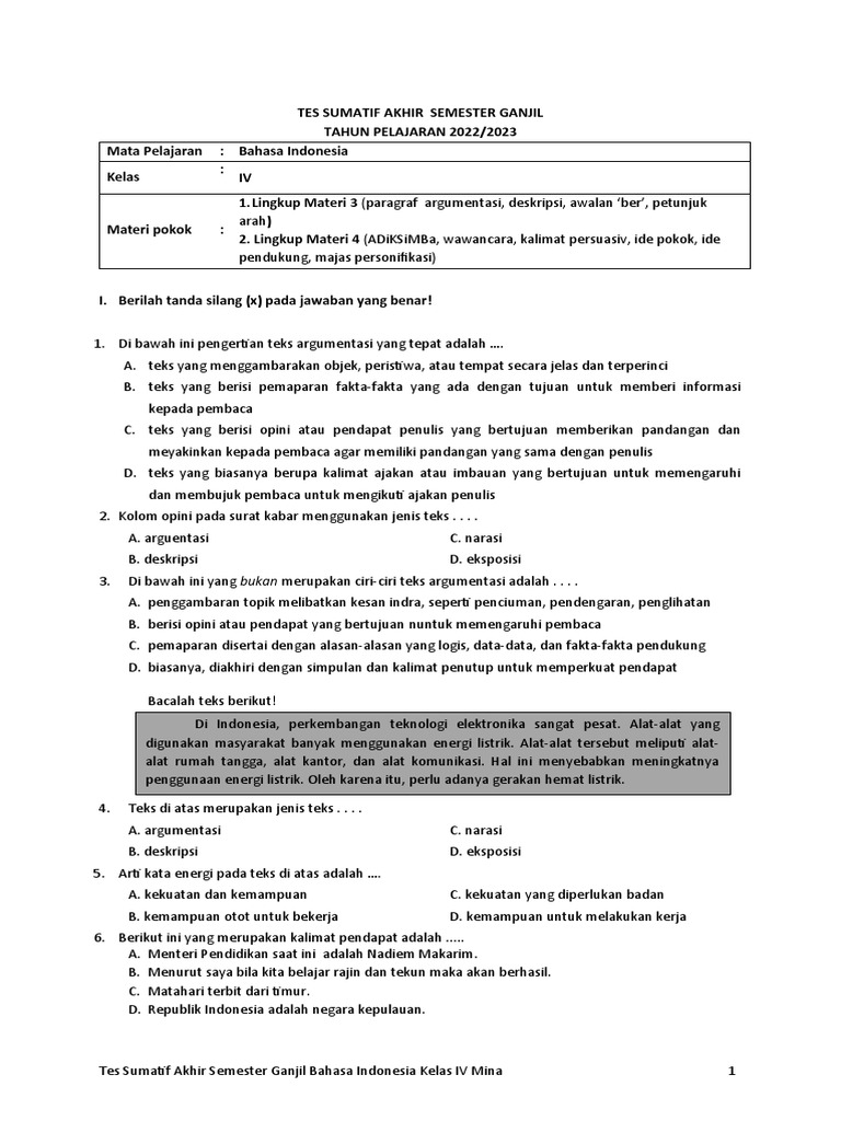 Sumatif Akhir Semester Ganjil Bhs Indo Kls 4 | PDF