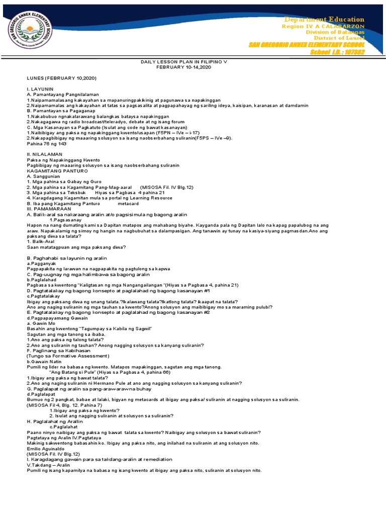 Daily Lesson Plan in Filipino V | PDF