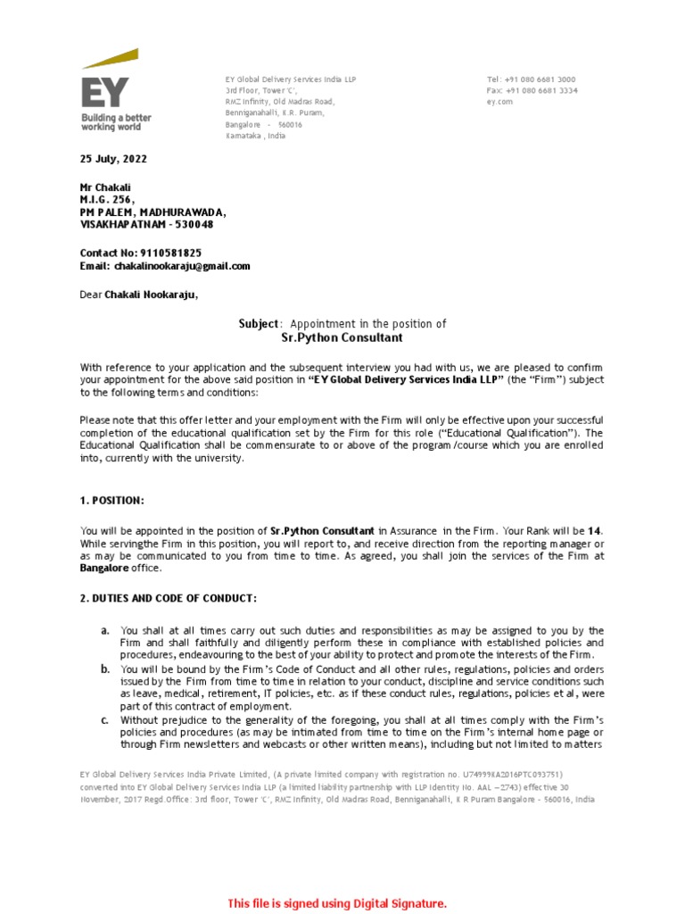 EY Offer Letter | PDF | Confidentiality | Employment