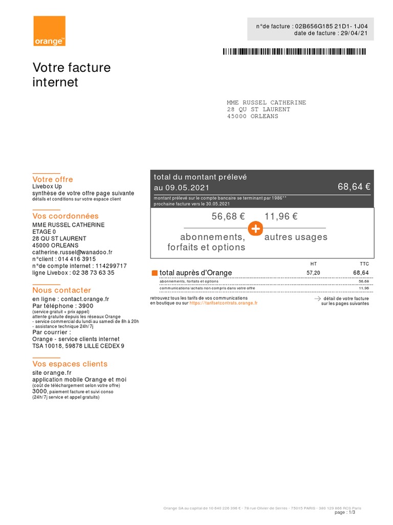 Facture Internet Livebox Up d'Orange | PDF | Facture | Secteurs du service
