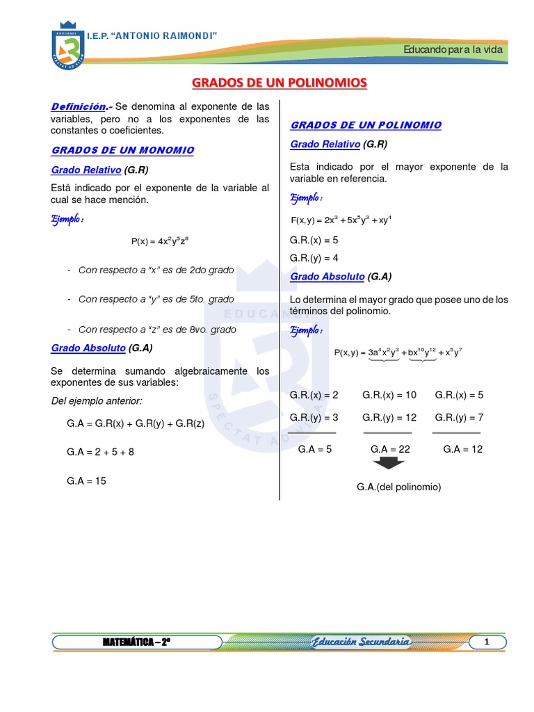 01 - Expresiones Algebraicas Grados de Un Polinomio | PDF