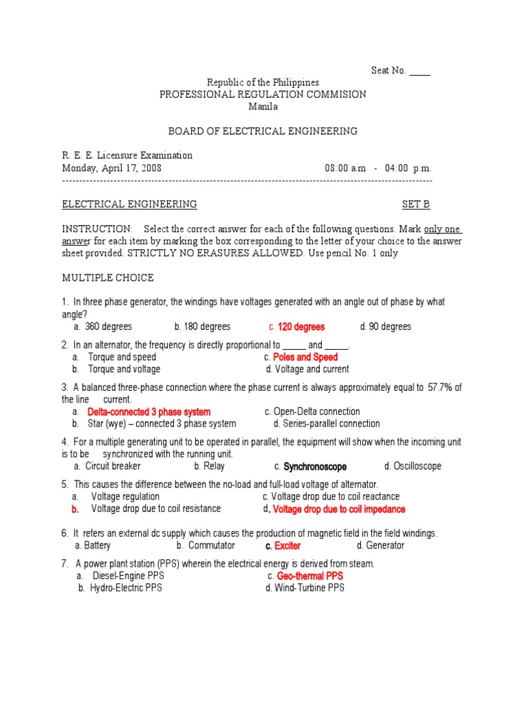 Apr 2008 EE Board Exam Part1 | PDF | Voltage | Inductor
