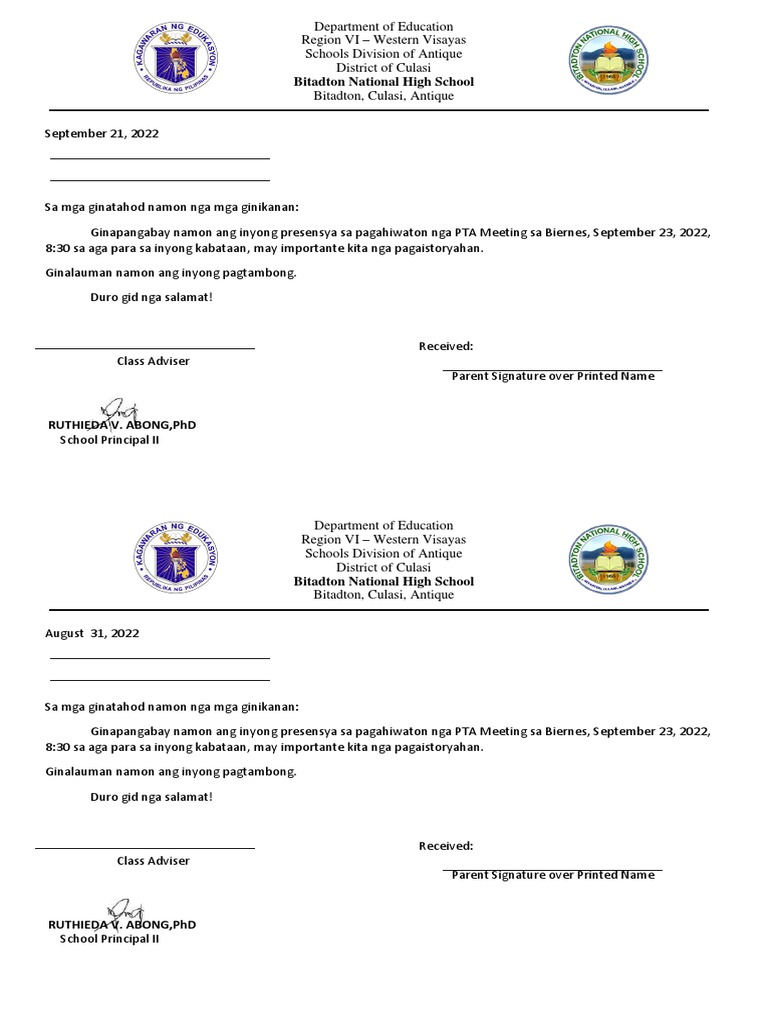 Letter To Parent For PTA Meeting | PDF