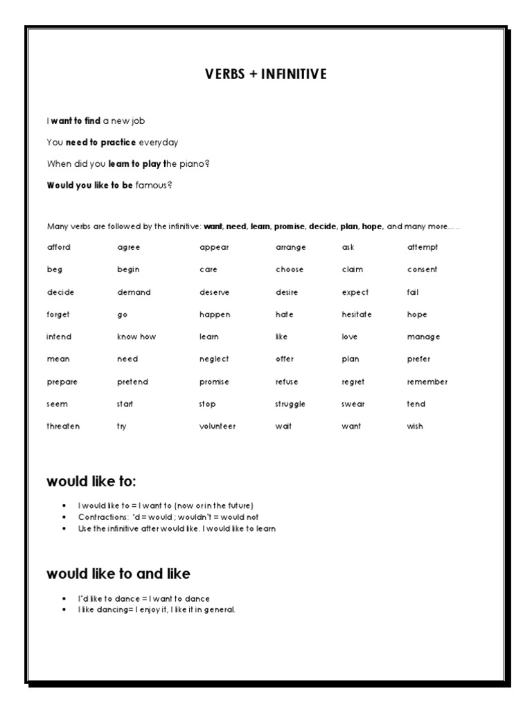 Verbs + Infinitive | PDF