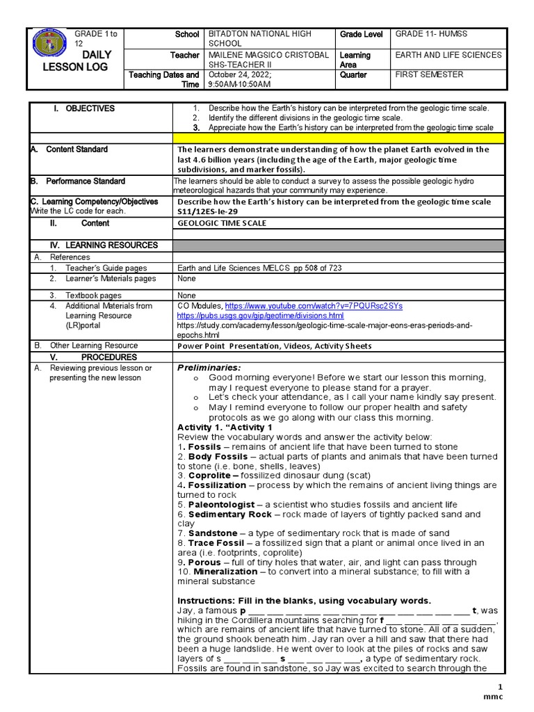 DLL Earth and Life Science October 24, 2022 | PDF | Geologic Time Scale ...