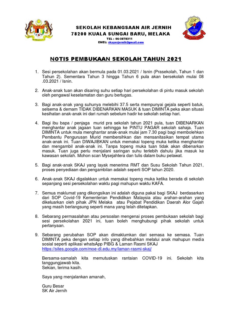 Notis Pembukaan SK Air Jernih 2021 | PDF