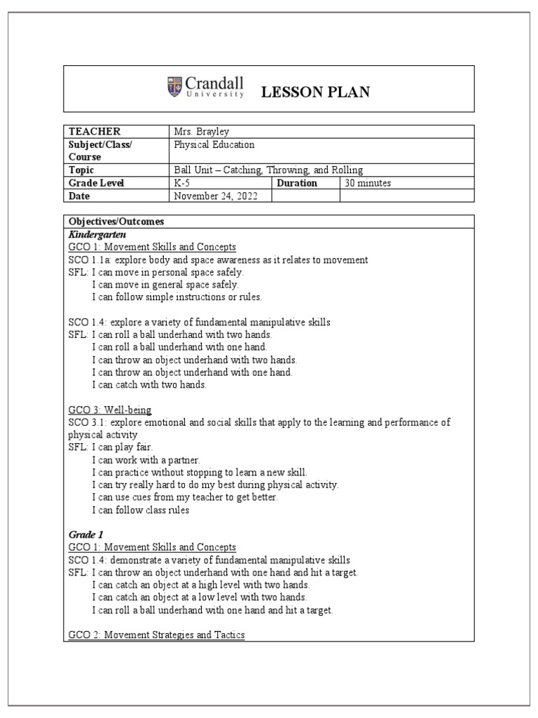 Lesson Plan Nov 21 k-5 - Throwing and Catching Stations | PDF