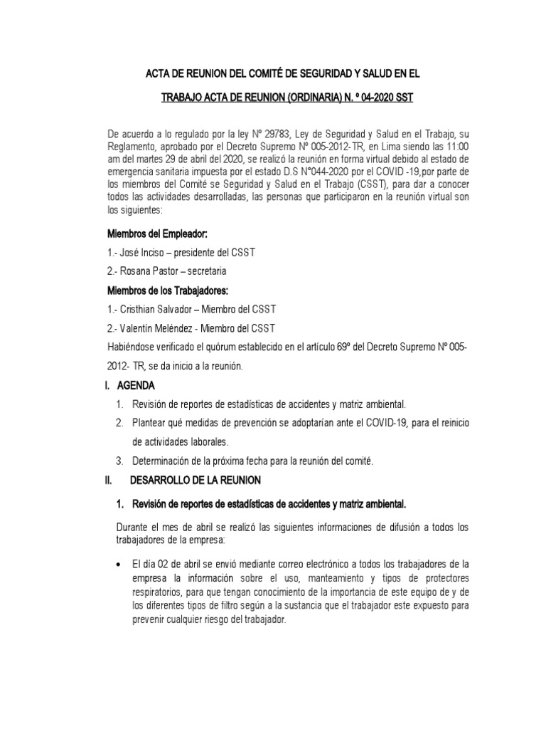 ACTA DE REUNION DEL COMITE DE SEGURIDAD Y SALUD EN EL TRABAJO Abril ...