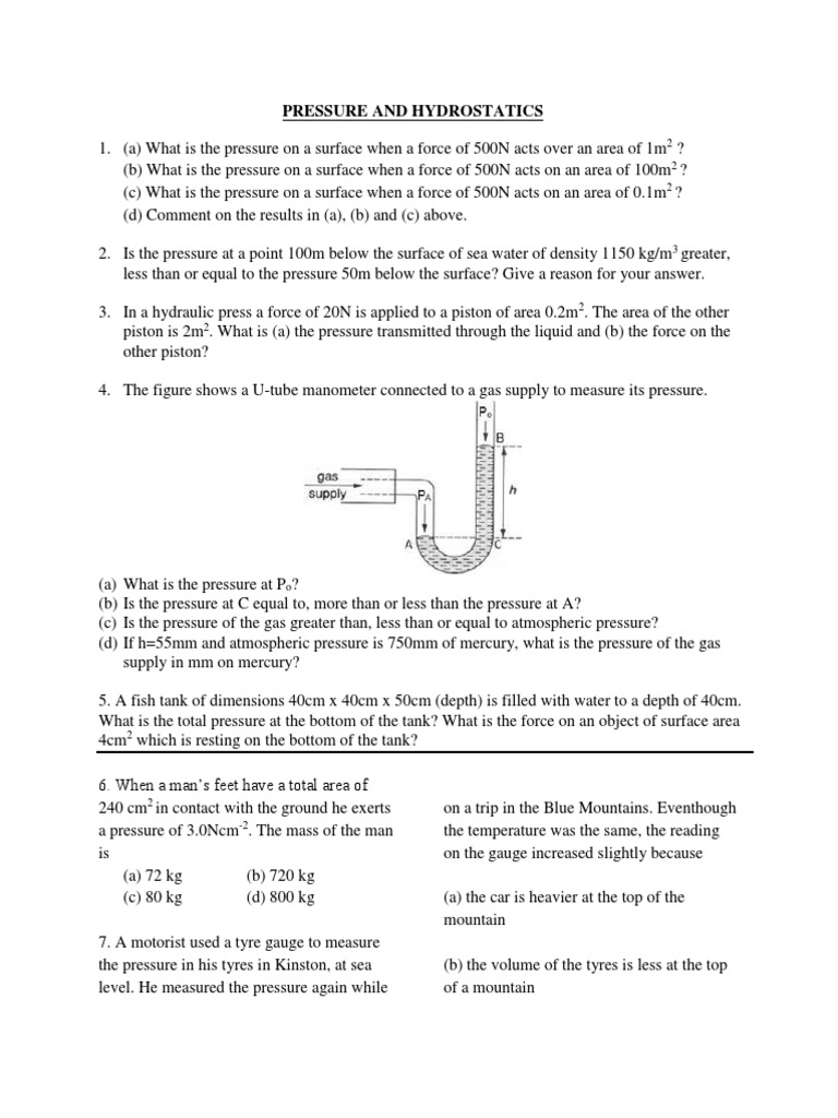 Pressure and Hydrostatics Quiz | PDF | Pressure | Pressure Measurement