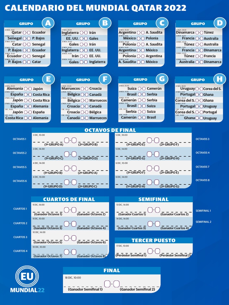 Calendario Mundial Qatar 2022 Para Imprimir