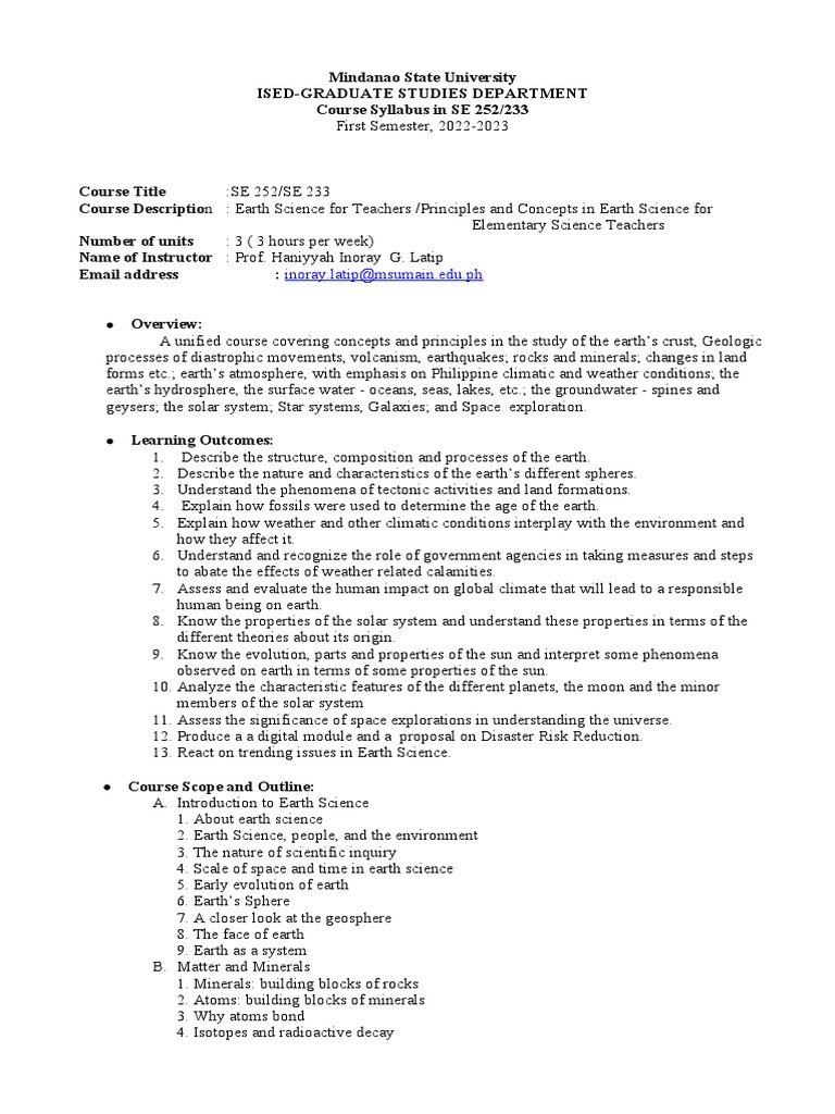 Earth Science Course Syllabus 2022-2023 | PDF | Geology | Earth