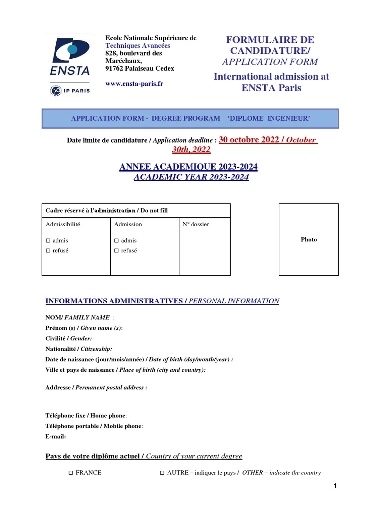 Formulaire Candidature AST Application Form 2023-2024 VF | PDF