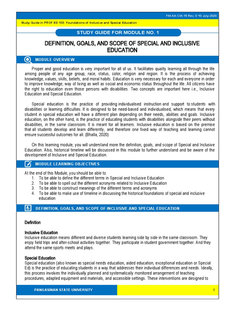 Study Guide Module 1 Foundations of Special and Inclusive Education ...