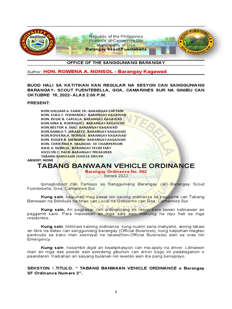 Barangay Vehicle Ordinance Overview | PDF