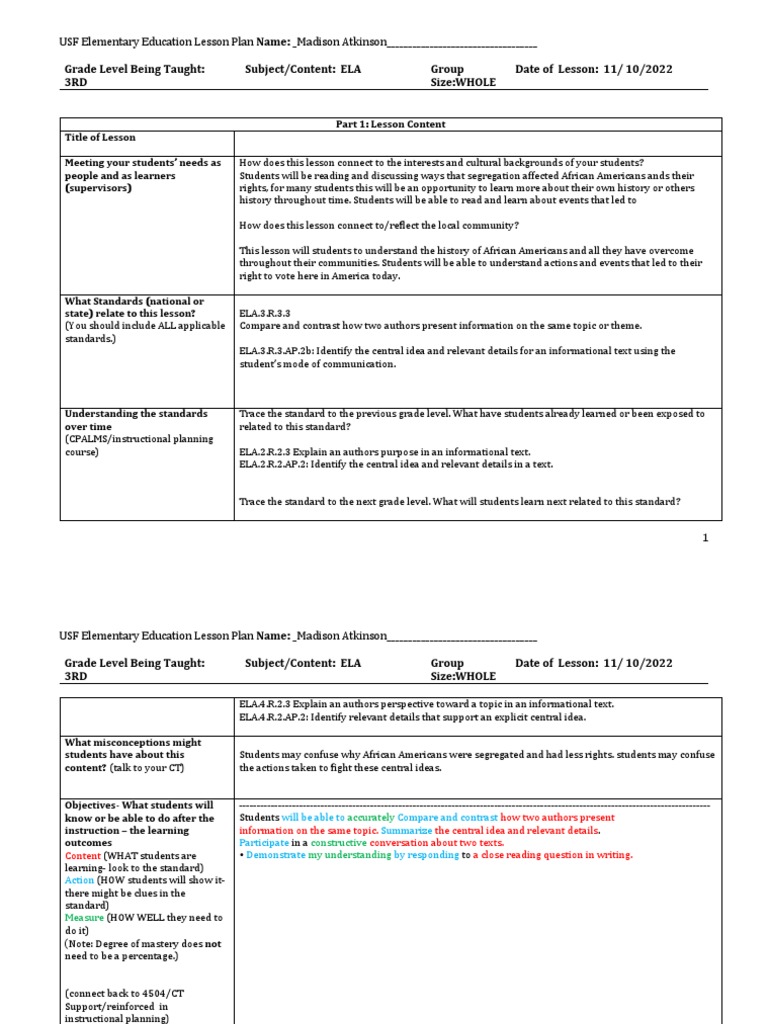 3rd Grade ELA Lesson Plan on Segregation | PDF | Educational Assessment ...