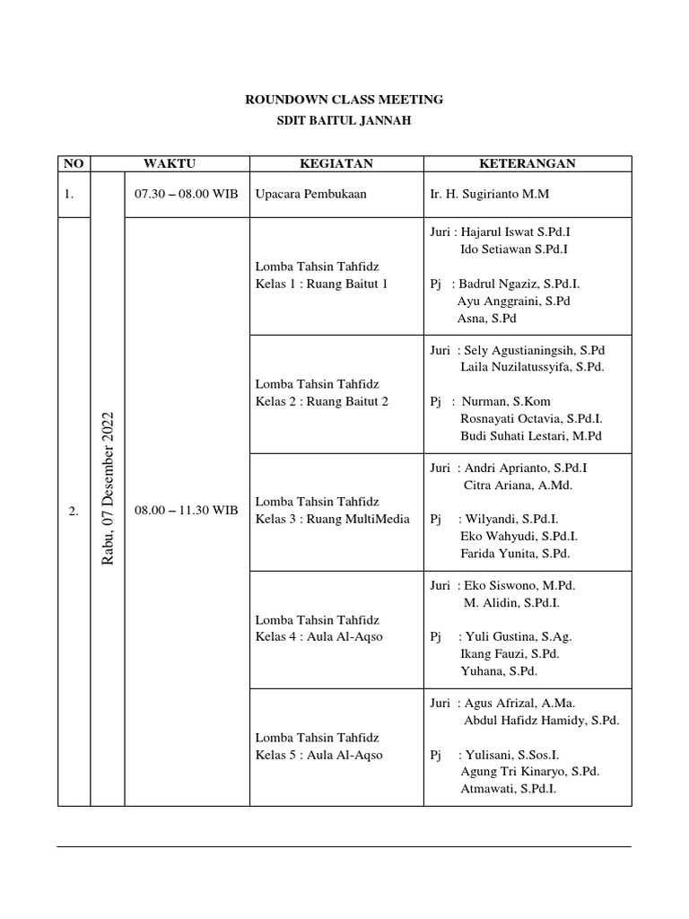 Jadwal Pelaksanaan Class Meeting Pdf