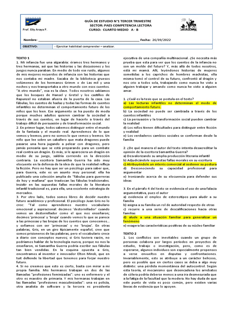Guía 1 TT PAES Cuartos Medios | PDF | Leche
