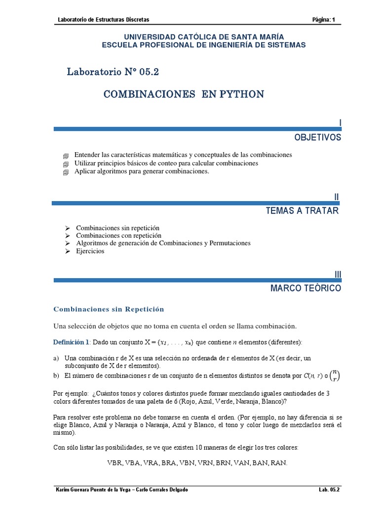 Lab05 2 Combinaciones | PDF | Conjunto (Matemáticas) | Matemáticas discretas