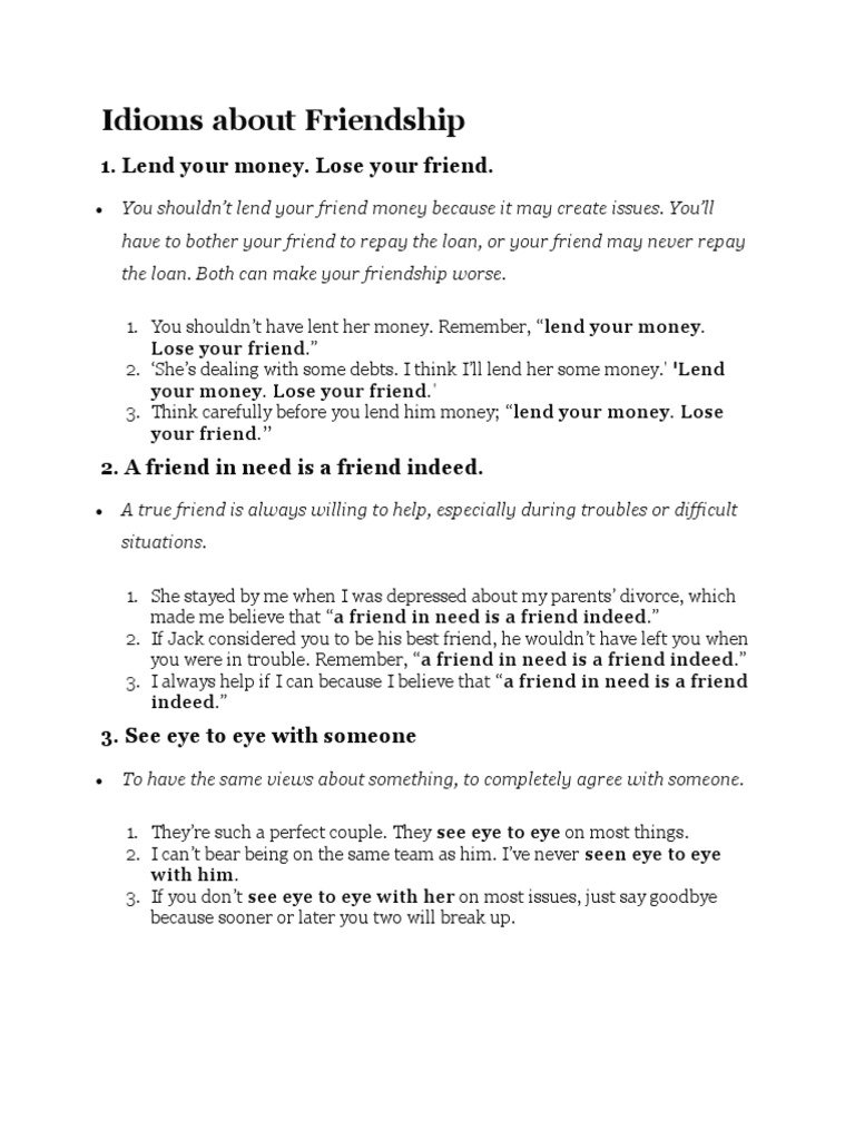 6 Common Idioms About Friendship - Basic English Speaking | PDF | Loans